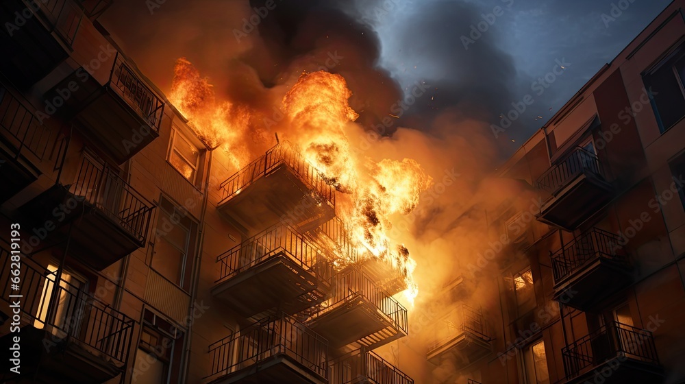 fire on the balcony of a multi-storey building, black clouds of smoke ...