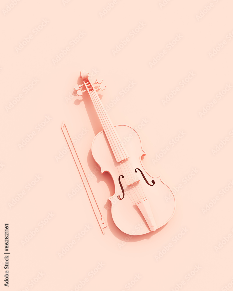 Rose pink violin fiddle musical instruments equipment flat lay diagonal ...