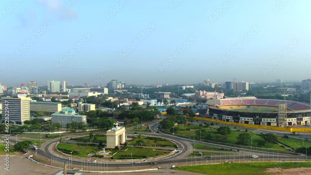 Aerial of the Independence Arch of Independence Square of Accra, Ghana ...