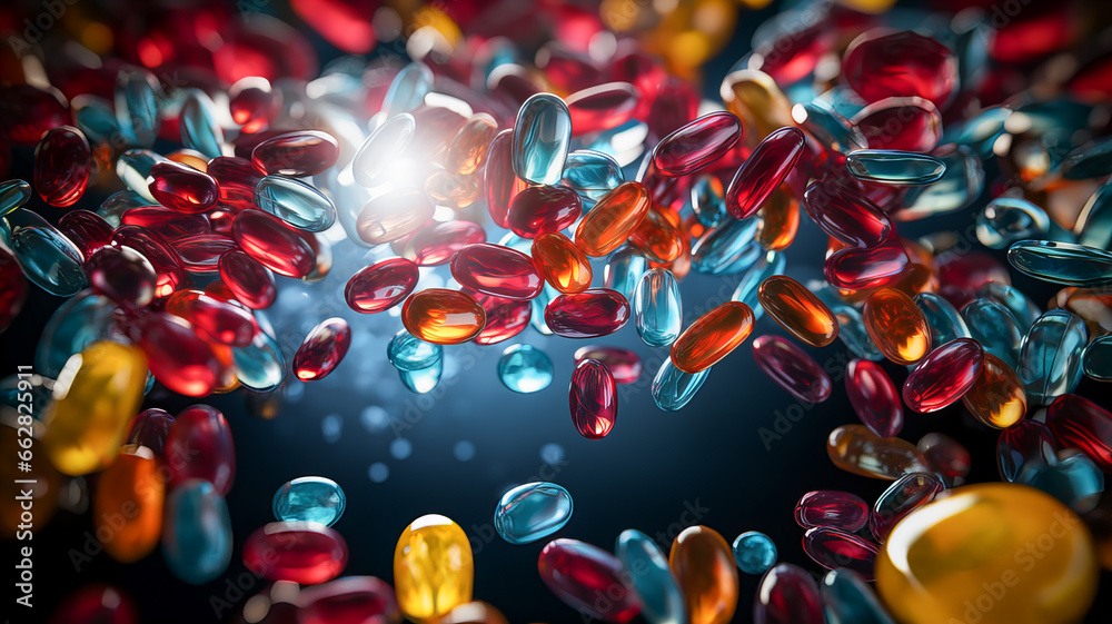 3d rendering of multicolor capsules and pills falling on black ...