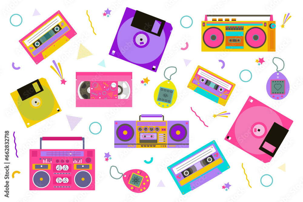 Set of elements from 90s. Tape recorders, cassettes, electronic ...