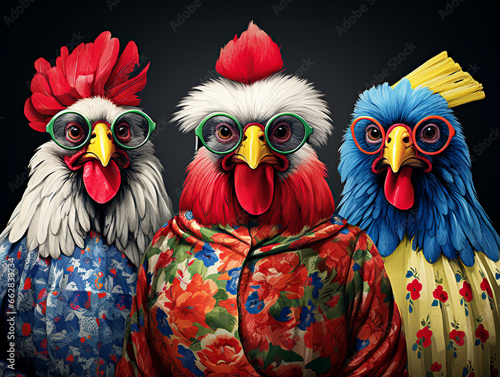 Three roosters or hens in a red jacket and glasses on a black ...