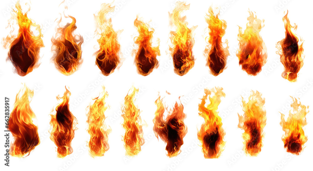Collection set realistic fire flame effect isolated on transparent ...