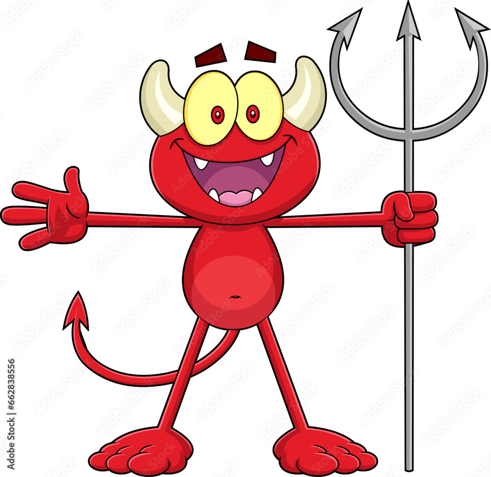 Happy Little Red Devil Cartoon Character With Pitchfork. Vector Hand ...