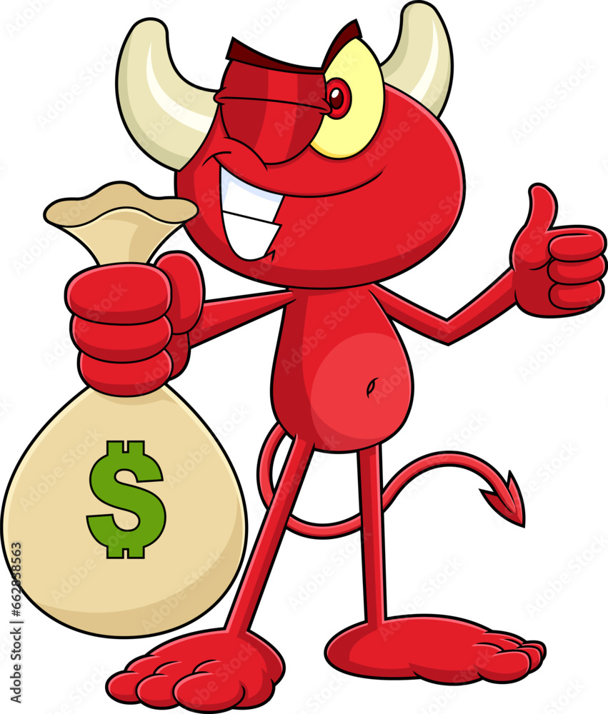 Winking Little Red Devil Cartoon Character Holding A Money Bag and ...