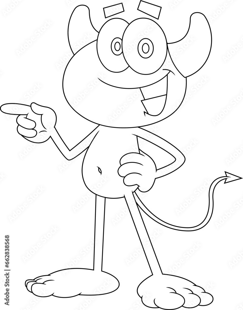 Outlined Smiling Little Devil Cartoon Character Pointing. Vector Hand ...