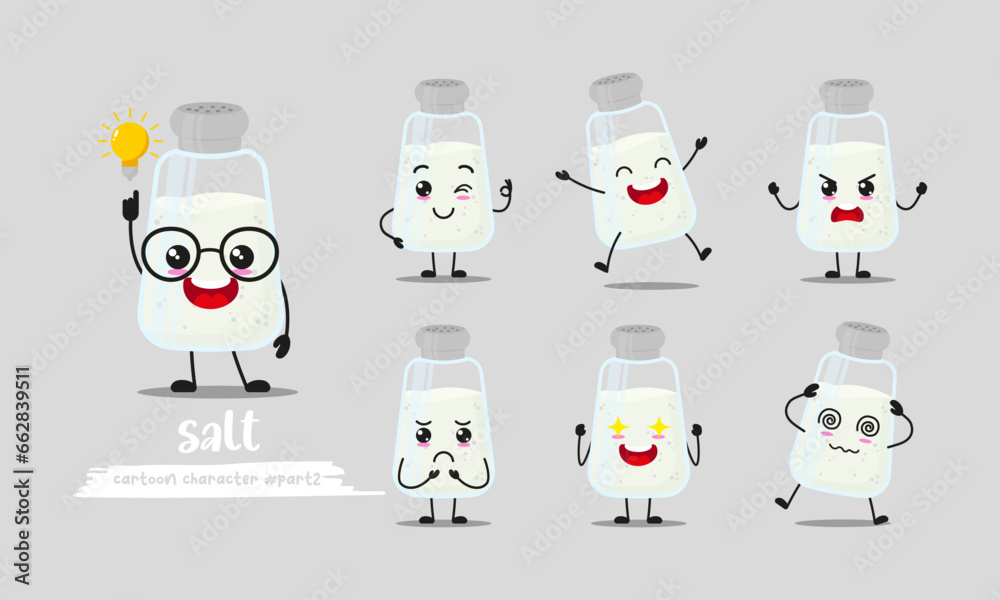 cute salt cartoon with many expressions. ingredient character different ...