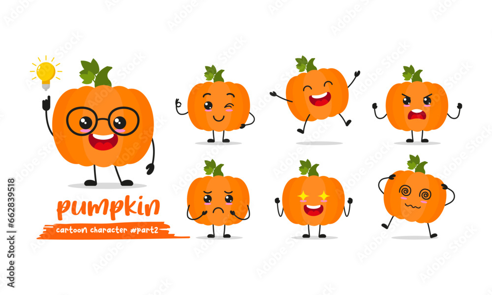 cute pumpkin with leaf cartoon with many expressions. fruit different ...