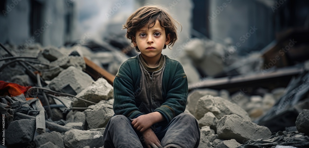 a sad boy in front of collapse buildings area, natural disaster or war ...