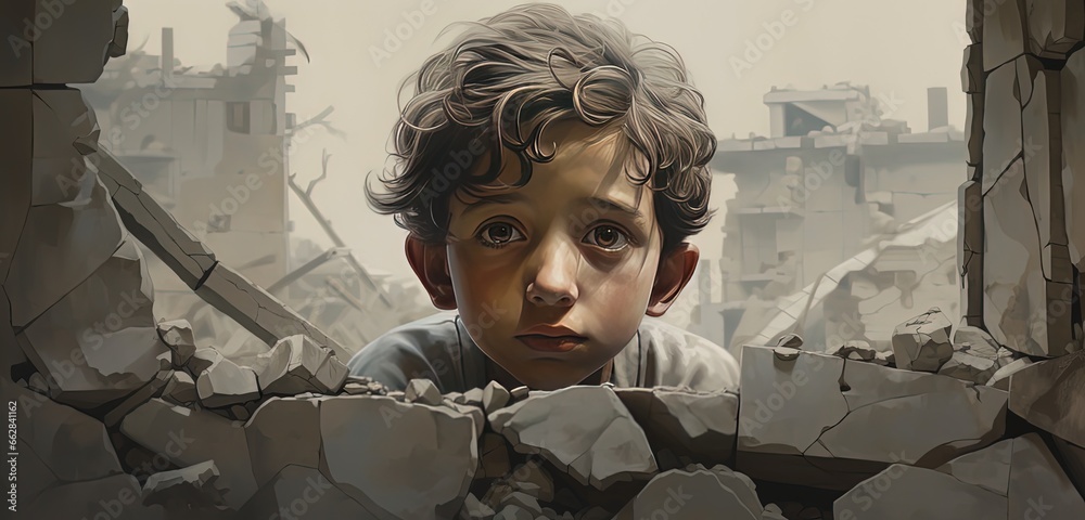 a sad boy looking from collapse buildings hole, natural disaster or war ...