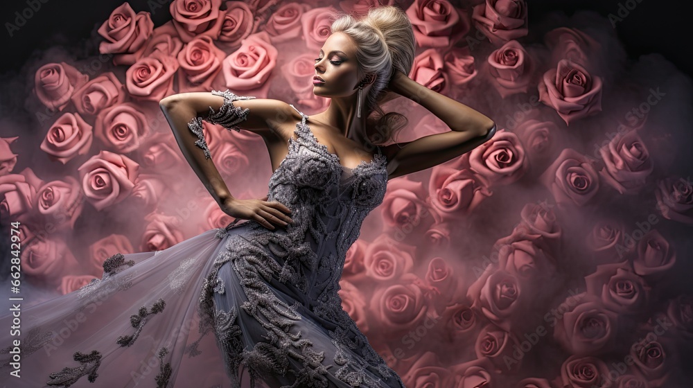 Dazzling model in a dynamic pose amidst silver smoke, with silver-edged ...