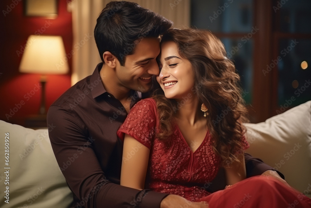 Young indian couple in traditional wear, hugging to each other and ...