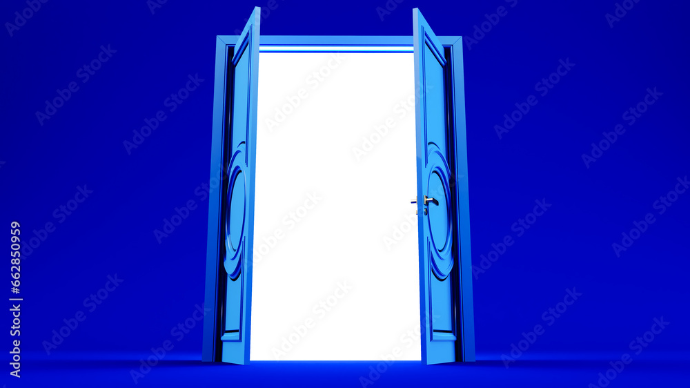blue door Open entrance in colored background room. 3d render of blue ...