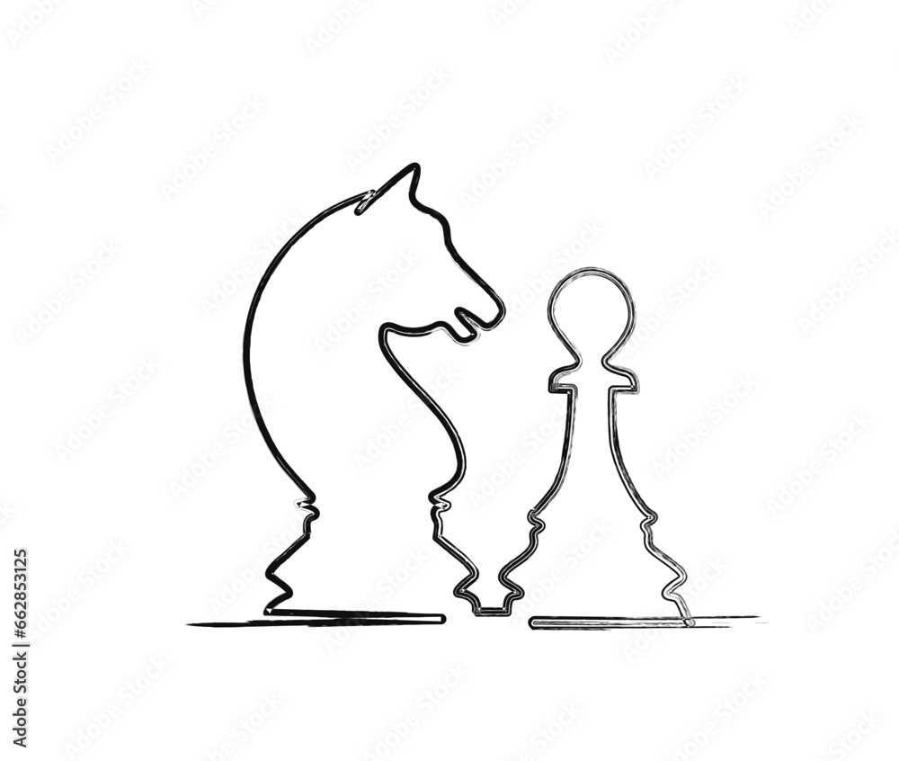 Minimalis chess knight and pawn outline hand drawn illustration. Simple ...