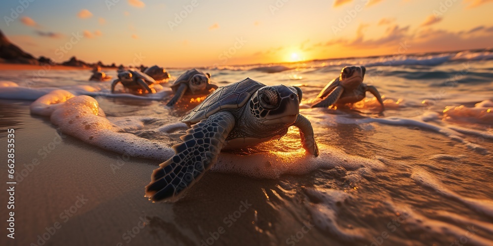 Group of baby sea turtle making their first step into ocean. little sea ...