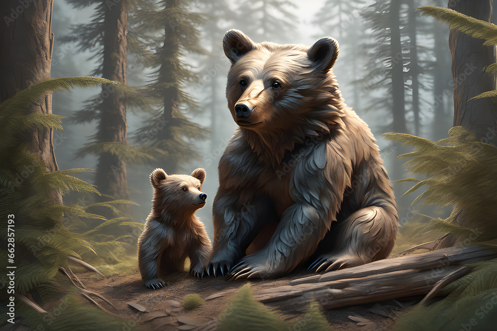 Bear father and son having a happy time in a peaceful forest ...