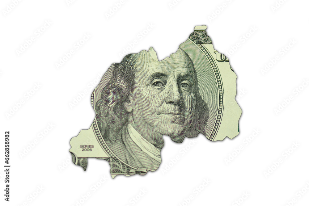 map of rwanda on a american dollar money texture on the white ...