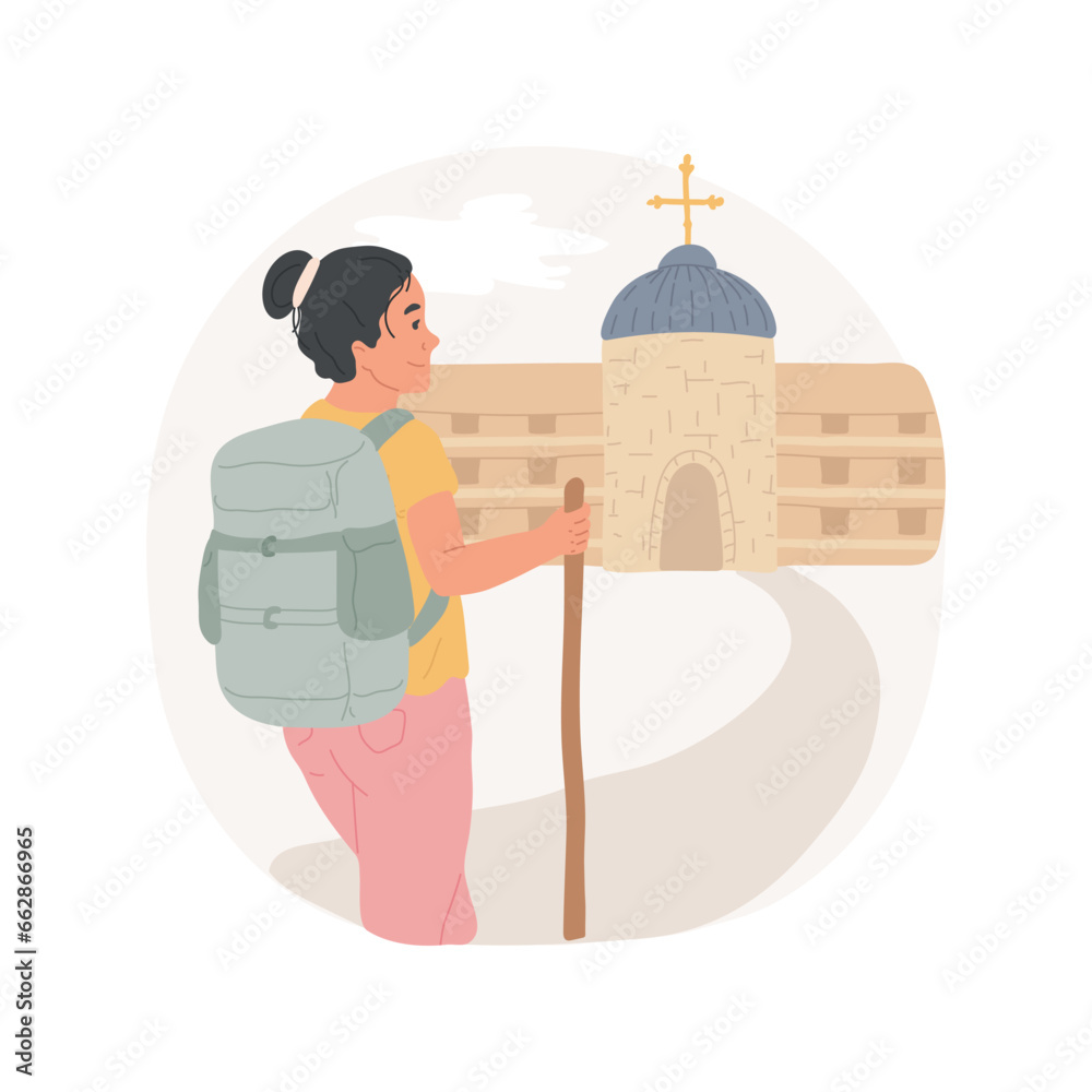 Pilgrim way isolated cartoon vector illustration. Young woman making ...
