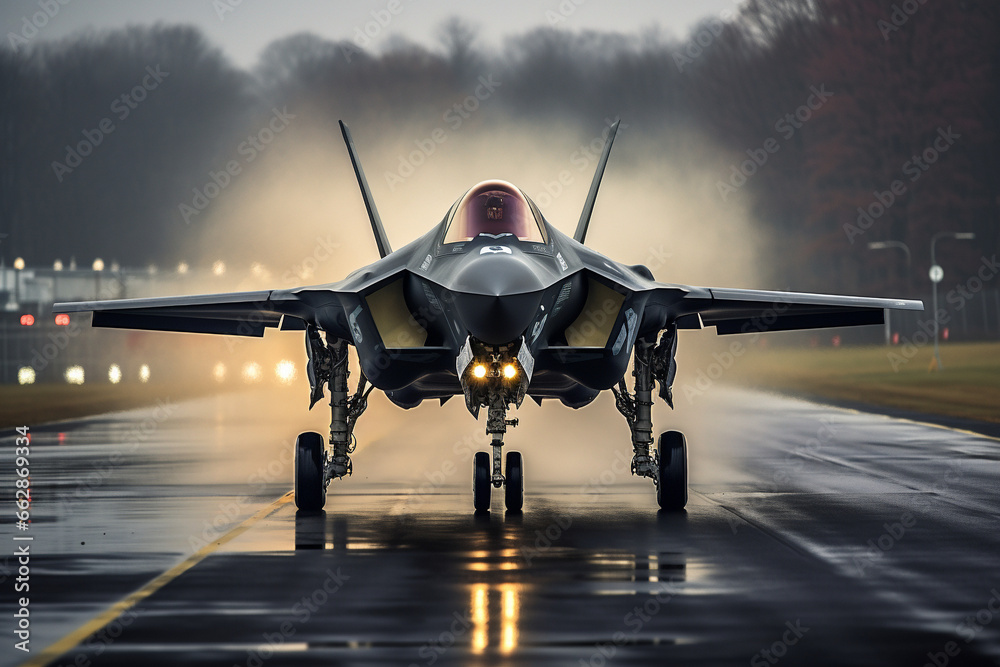 Fotografía Military aircraft fighter maneuvers on the runway, on the ...