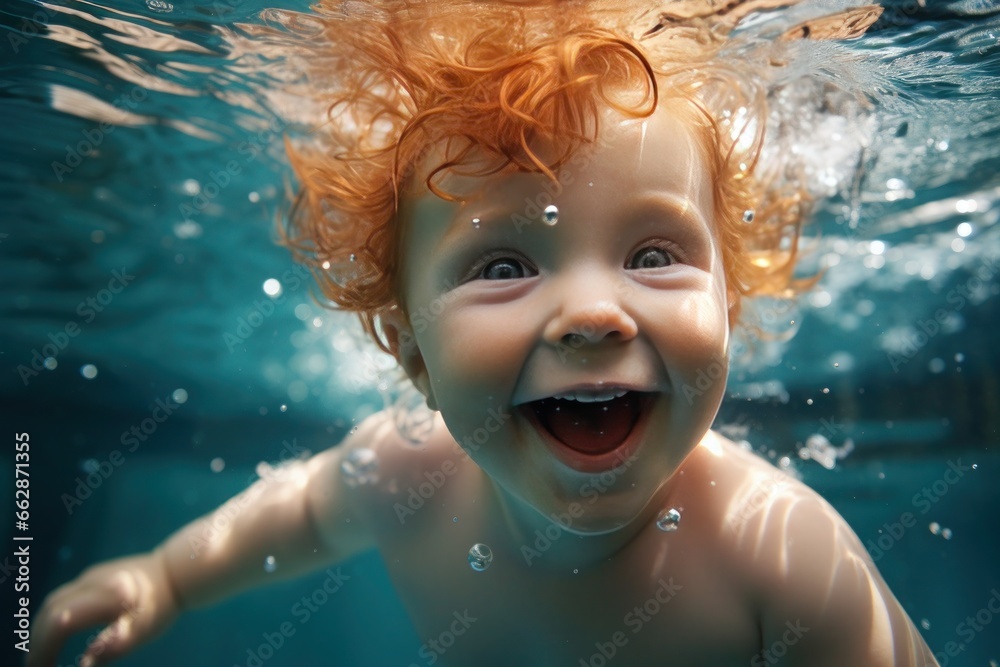 red-haired child swimming underwater in the pool Stock Photo | Adobe Stock
