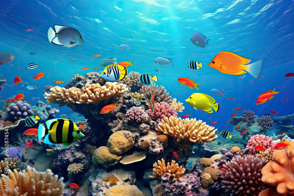 Underwater with colorful sea life fishes and plant at seabed background ...