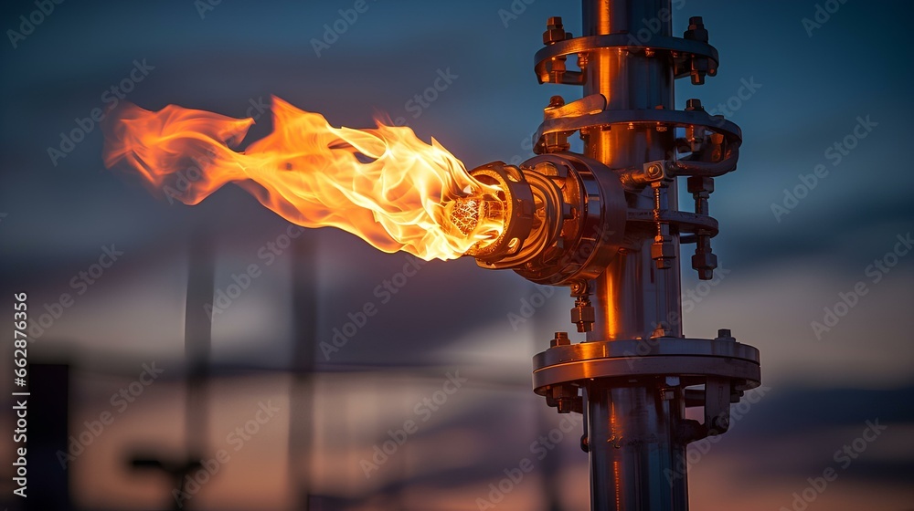 Gas pipeline with a burning flame of fire, pressure fuse with gas ...