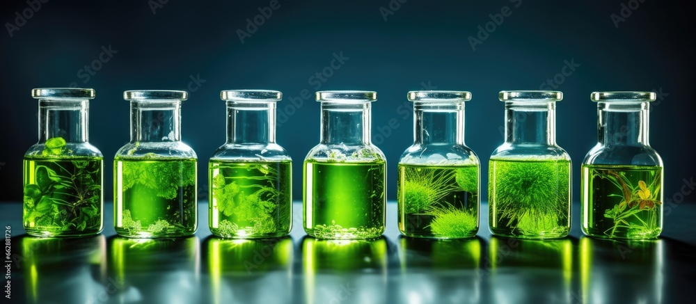 Green microalgae are cultivated in small bottles with nutrient rich ...