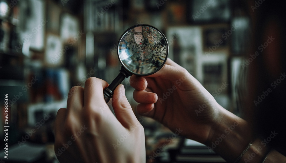 Hand holding magnifying glass examining material for research and ...