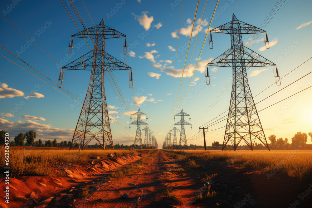 A bundle of high-voltage cables suspended on towering transmission ...