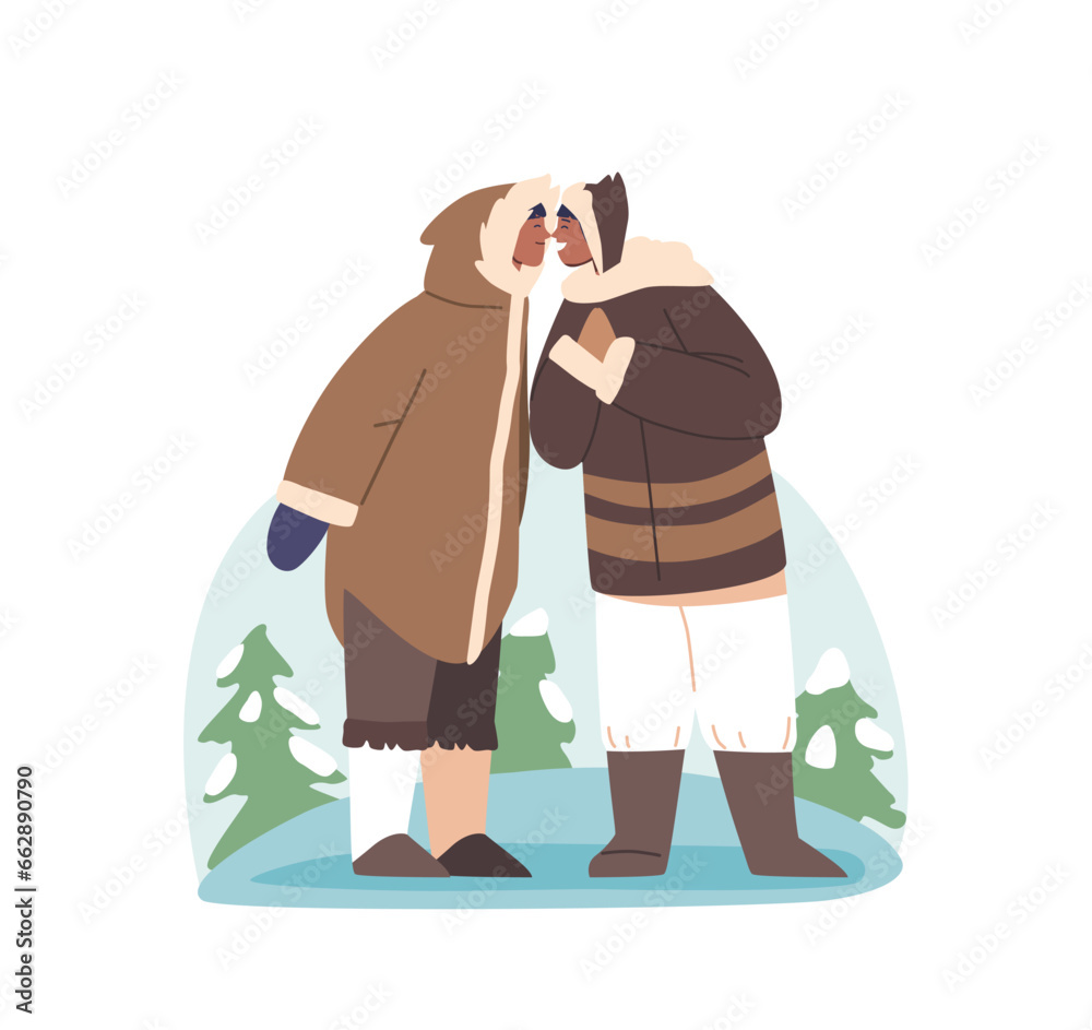 Eskimo Tradition Scene, Inuit Characters Greeting With A Friendly Nose ...