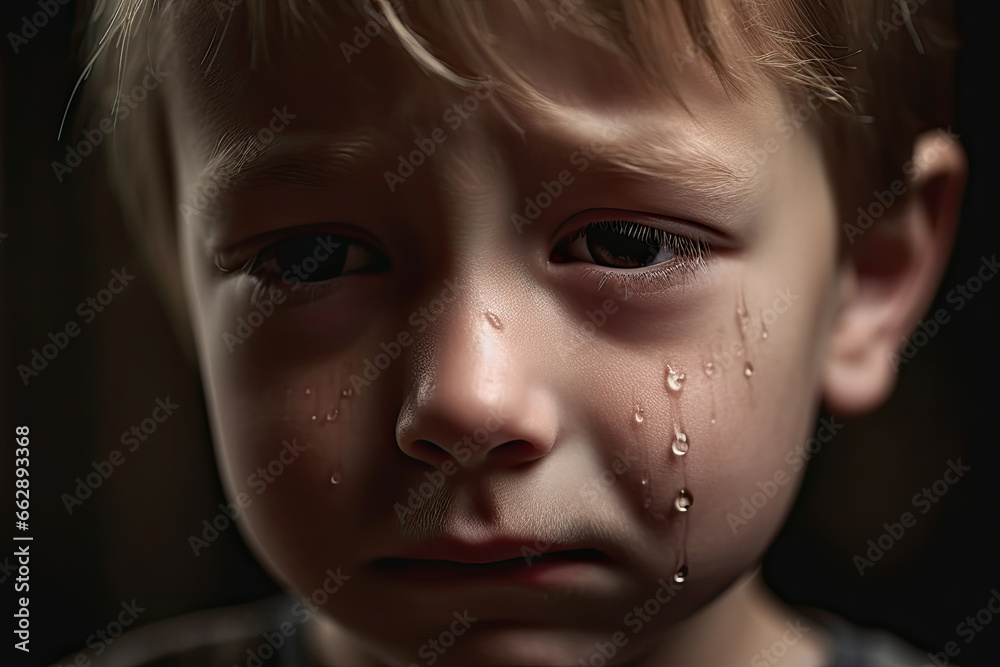 little girl two years old crying sadly, tears on her cheeks tears on ...