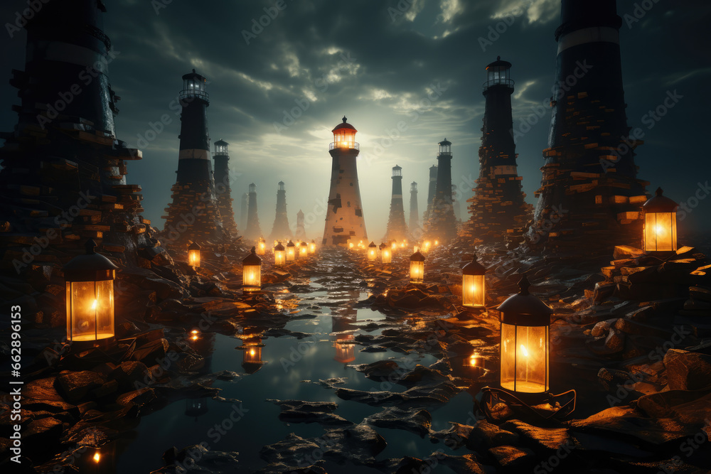 A surreal landscape with towering, floating lighthouses illuminating a ...