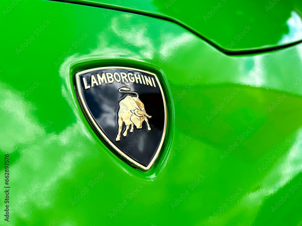 Vilnius, Lithuania, June 2023: Lamborghini logo with a bull on the hood ...