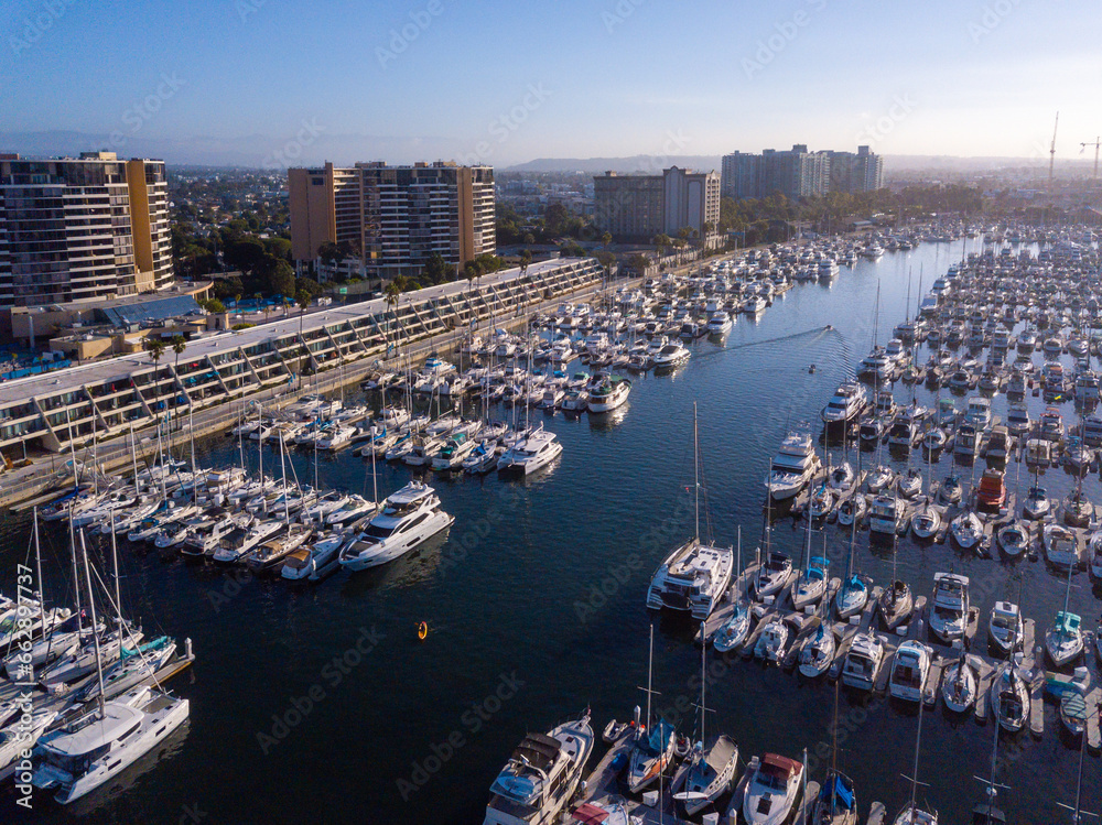 Aerial drone views of the marina in Marina Del Rey, California in the ...