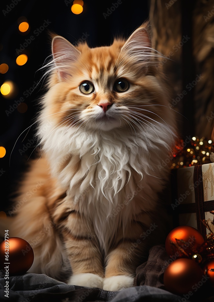 fluffy cat sitting next tree portrait backdrop long golden trims ...