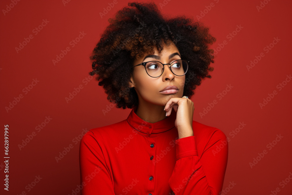 Confused, question and why black woman on studio red background, body ...