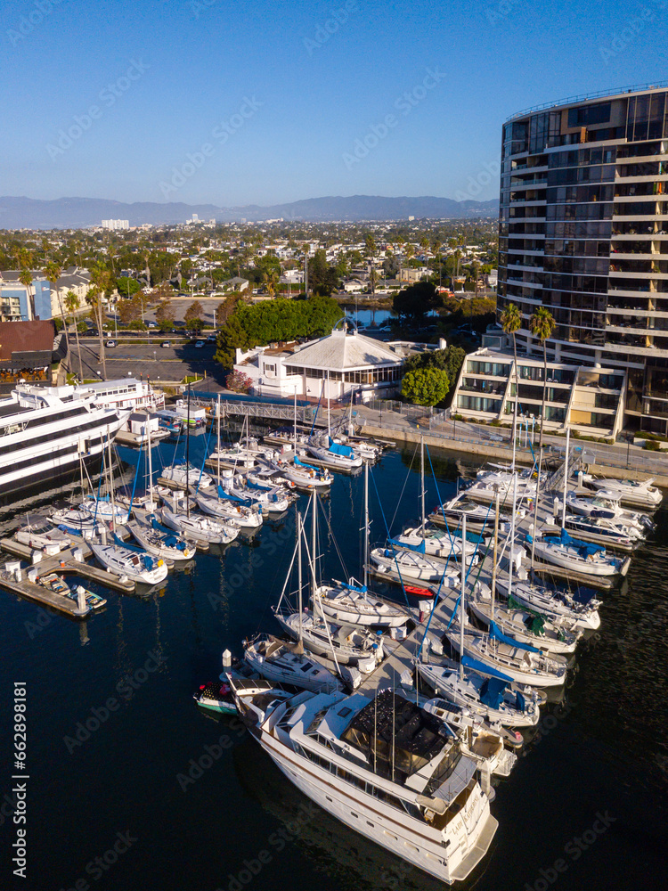 Aerial drone views of the marina in Marina Del Rey, California in the ...