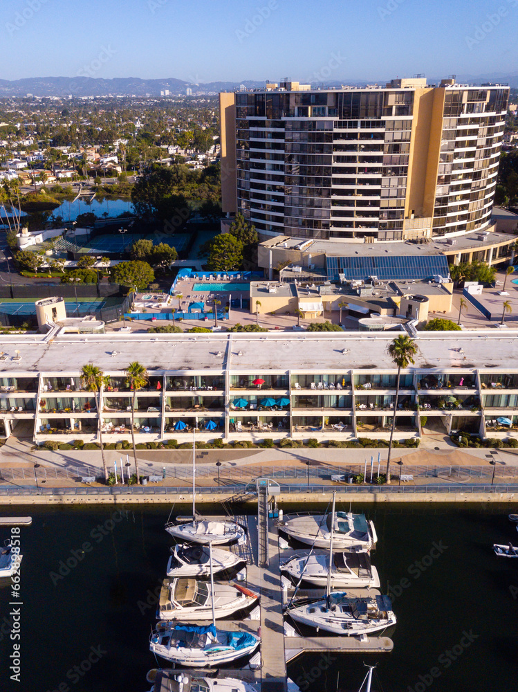 Aerial drone views of the marina in Marina Del Rey, California in the ...