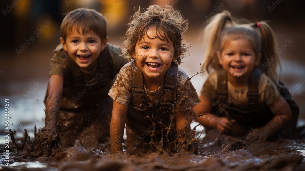 smiling happiness kid playing with mud dirt outdoor backyard garden ...