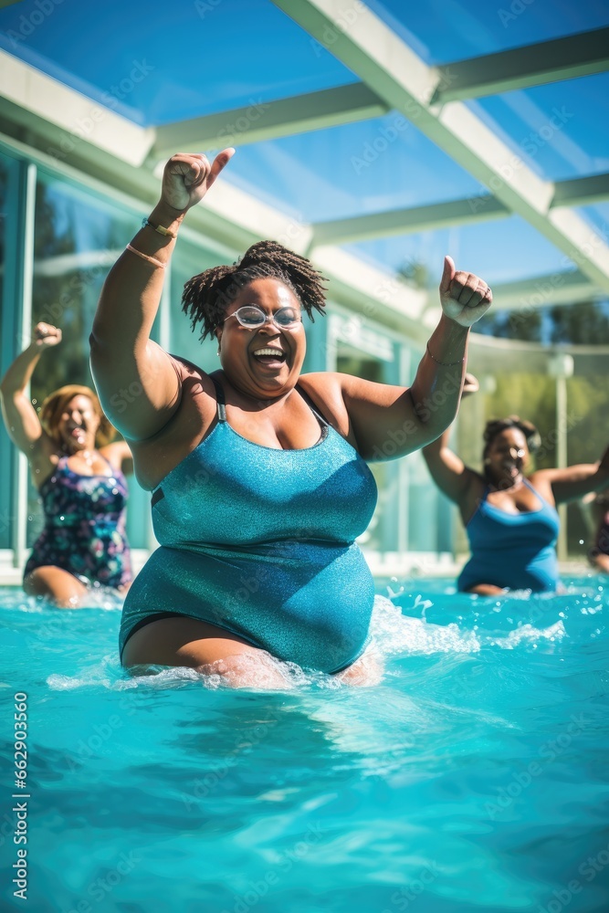 Body positivity. Fat women doing water aerobics in the pool in ...