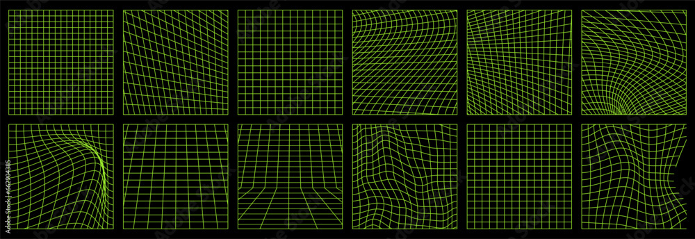 Distorted square grid set. Green neon posters, cover templates 90s ...