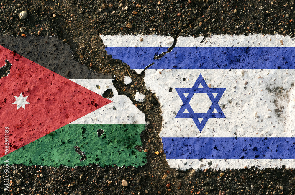 On the pavement are images of the flags of Israel and Jordan, as a ...