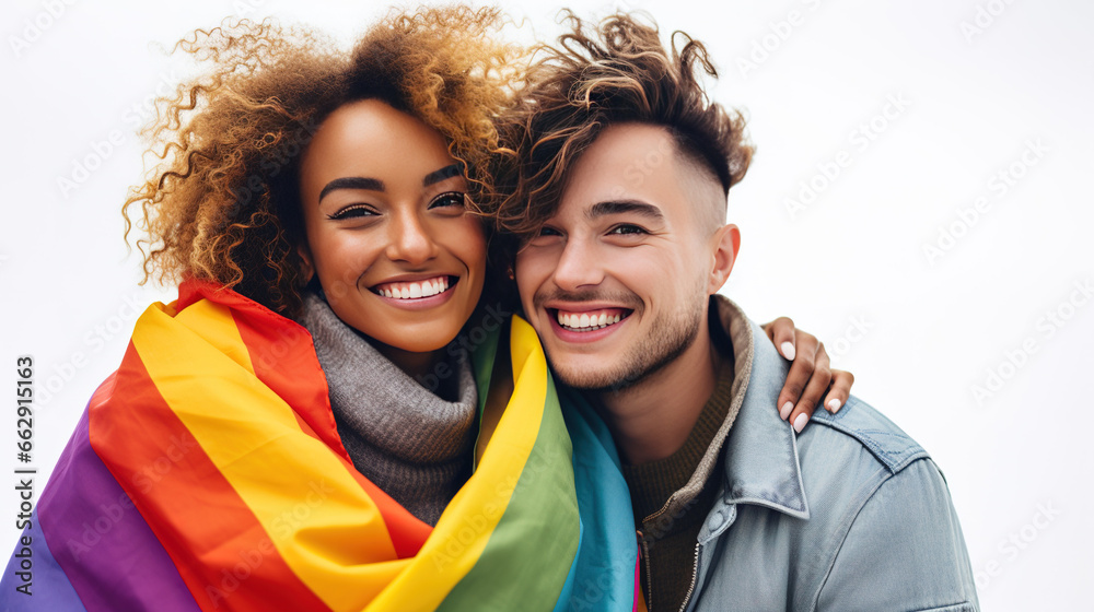 young diverse people lgbtq+ activists holding the lgbt pride rainbow ...