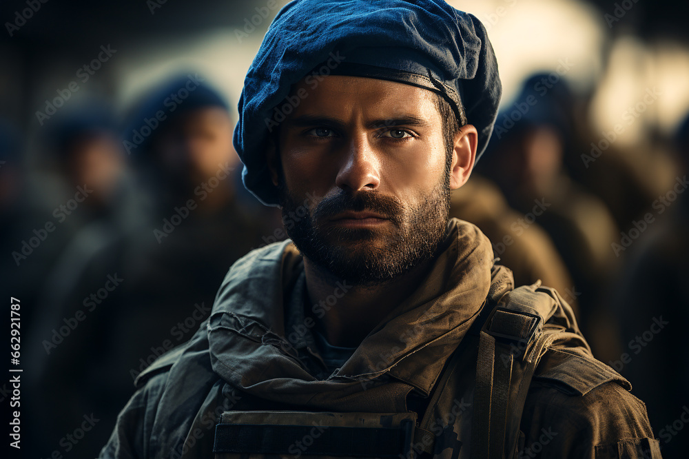 Israeli soldier, portrait. A courageous face, a concentrated gaze ...