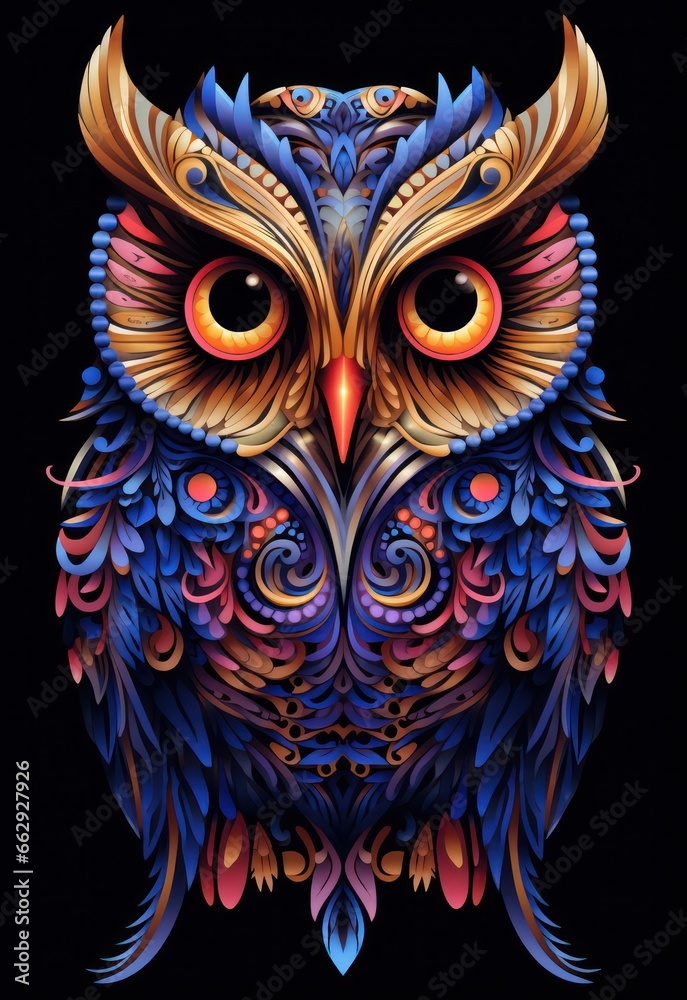 Owl with purple or navy blue batik patterns, suitable for printing on T ...