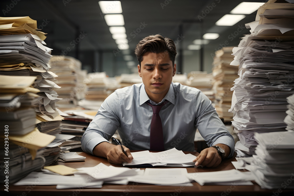 A young businessman sits at his desk, surrounded by piles of paperwork ...