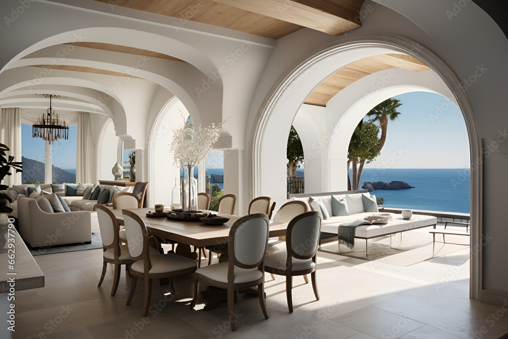 Coastal, mediterranean home interior design of modern dining room with ...