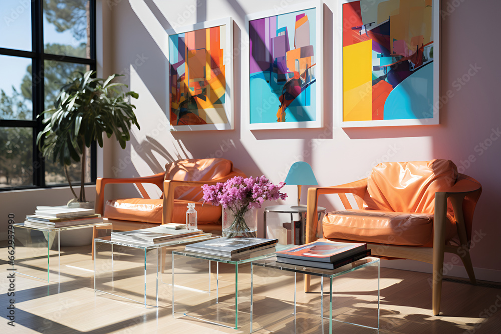 Panorama of a bright reception and cozy waiting room with two armchairs ...
