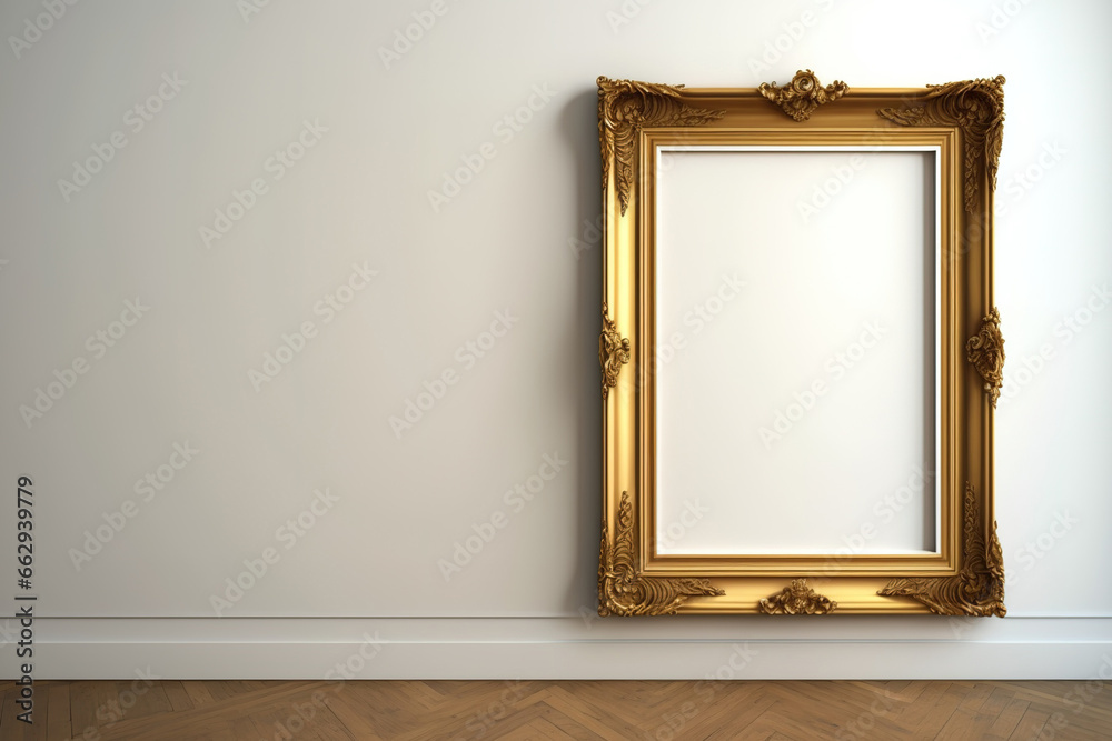 Antique art fair gallery frame on a beige museum or auction house wall ...