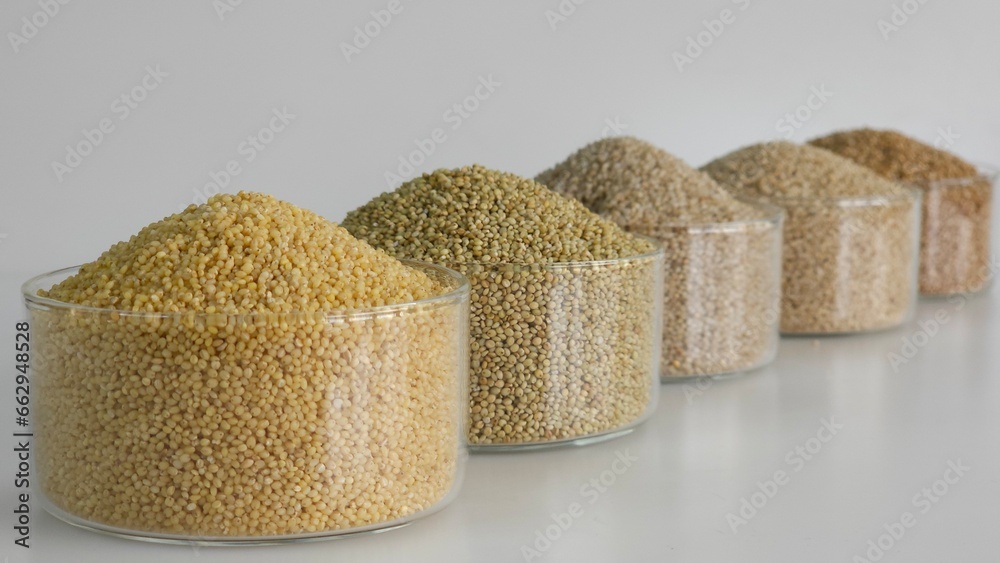 Siridhanya Millets or Five positive millets arranged in bowls Stock ...